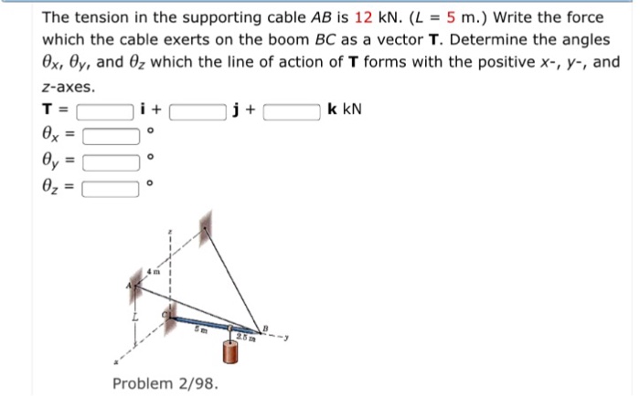Solved The tension in the supporting cable AB is 12 kN. (L = | Chegg.com