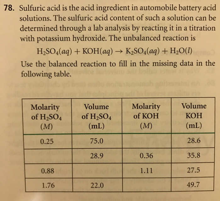 Solved Sulfuric acid is the acid ingredient in automobile | Chegg.com