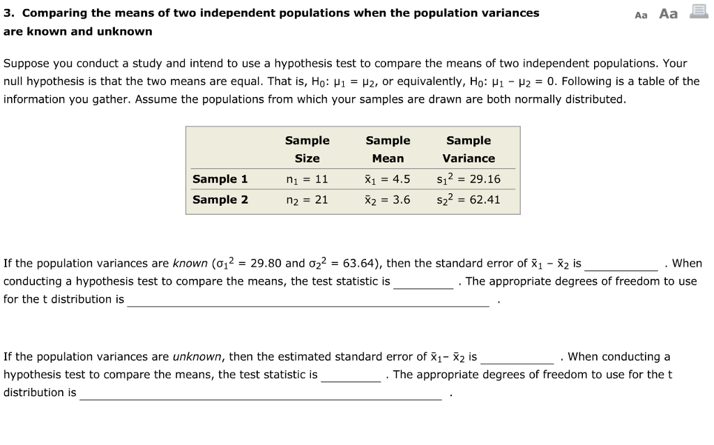Solved Comparing the means of two independent populations | Chegg.com
