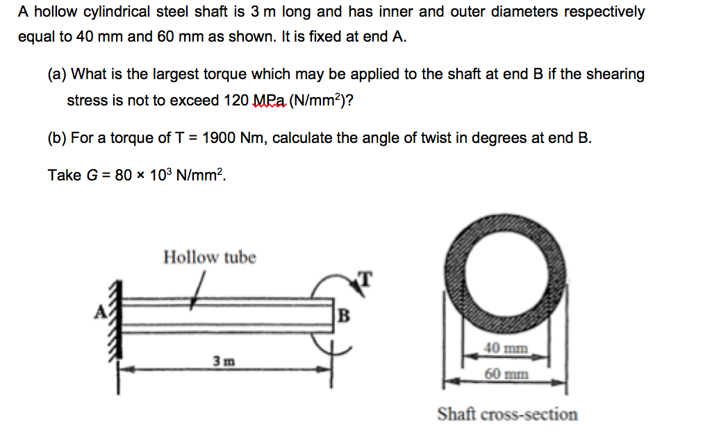 Solved A hollow cylindrical steel shaft is 3 m long and has | Chegg.com