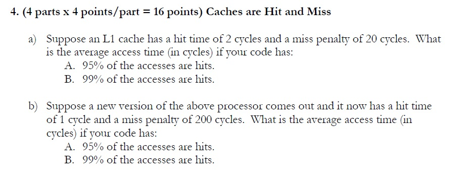 Suppose an LI cache has a hit time of 2 cycles and a | Chegg.com