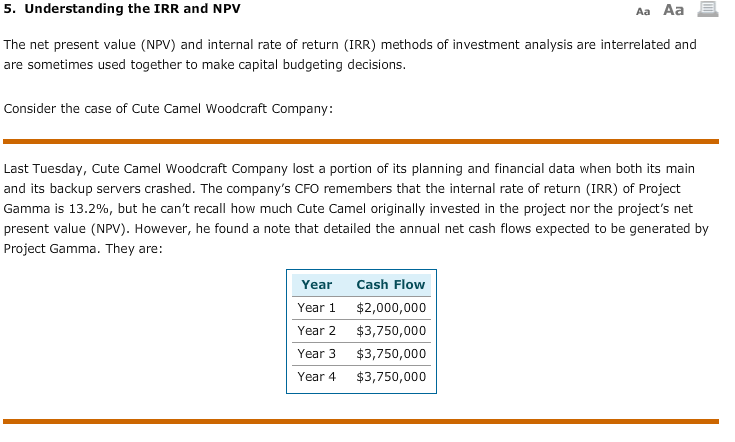Solved 5. Understanding the IRR and NPV Aa Aa The net | Chegg.com