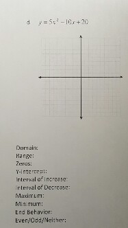 Solved y = 5x^2 - 10x + 20 Domain: Range: Zeros: | Chegg.com