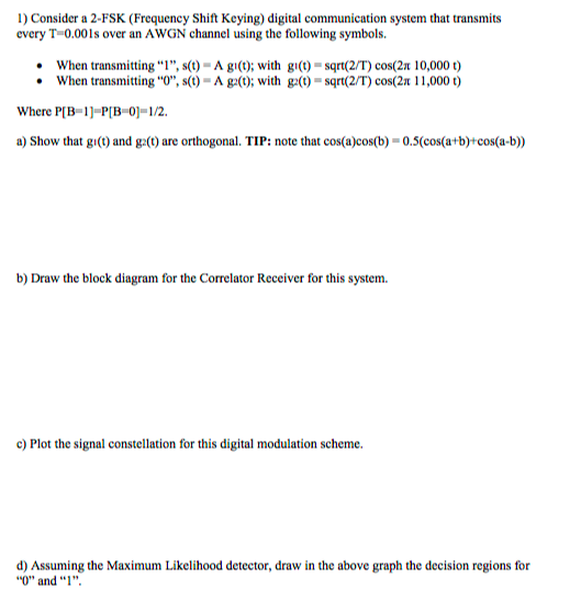Solved 1) Consider a 2-FSK (Frequency Shift Keying) digital | Chegg.com