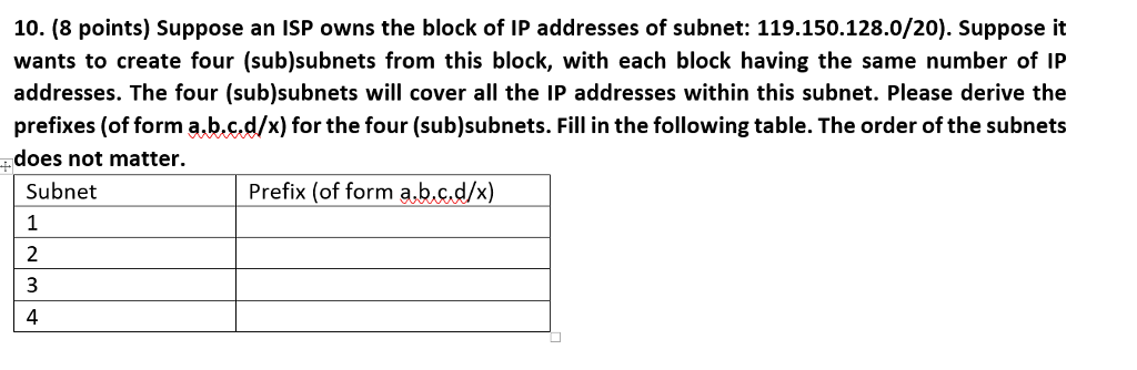Solved 10. (8 points) Suppose an ISP owns the block of IP | Chegg.com