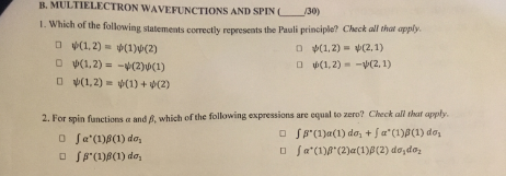Solved B. MULTIELECTRON WAVEFUNCTIONS AND SPIN30) 1. Which | Chegg.com