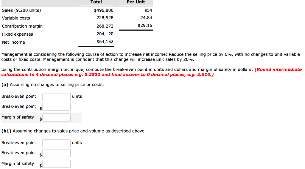 Solved Total Per Unit Sales (9,200 units) Variable costs | Chegg.com