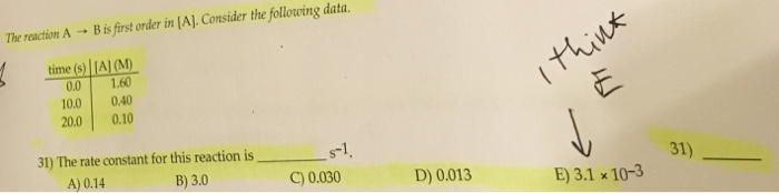 Solved The reaction A rightarrow B is first order in [A]. | Chegg.com