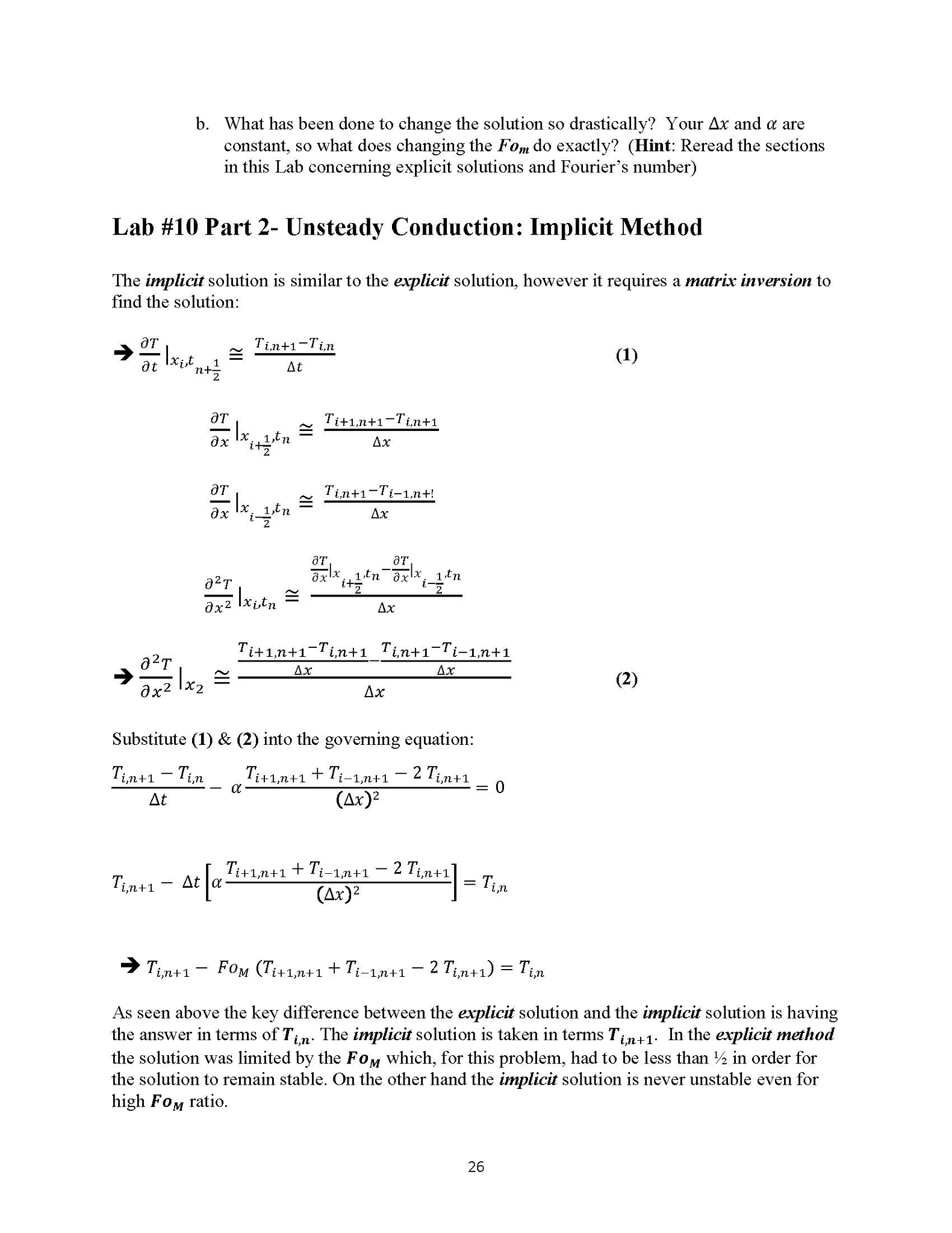 Pre-Lab #10 1-D Heat Conduction Finite Difference | Chegg.com