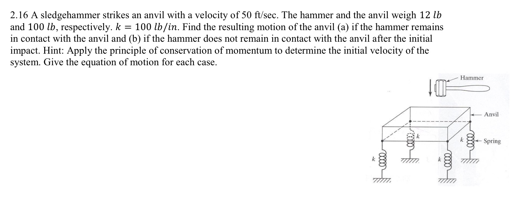 Solved A sledgehammer strikes an anvil with a velocity of 50 | Chegg.com