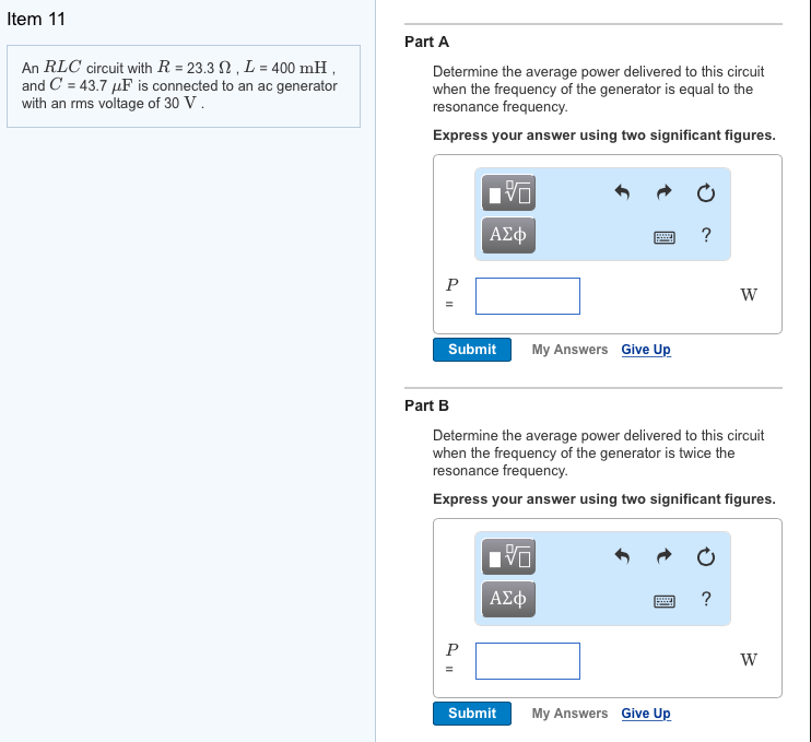 Solved Item 11 Part A An RLC circuit with R-23.3 Ω , L = 400 | Chegg.com