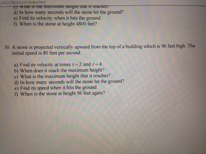 Solved A stone is projected vertically upward from the top | Chegg.com