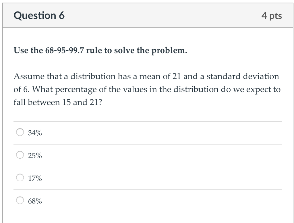 Solved 4 pts Question 6 Use the 68-95-99.7 rule to solve the | Chegg.com Solved 4 pts Question 6 Use the 68-95-99.7 rule to solve the | Chegg.com
