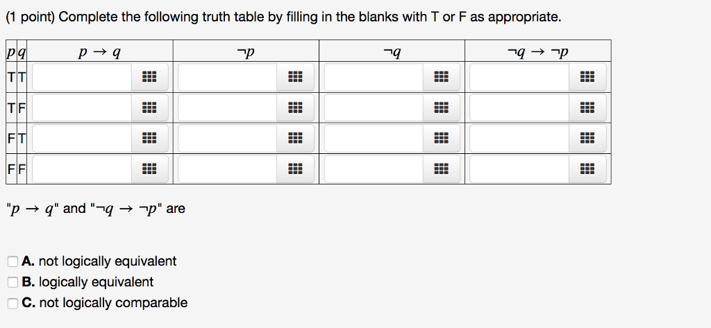 Solved (1 point) Complete the following truth table by | Chegg.com