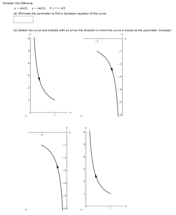 Solved Consider the following. x-sin(t), y=csc(t), 0 | Chegg.com