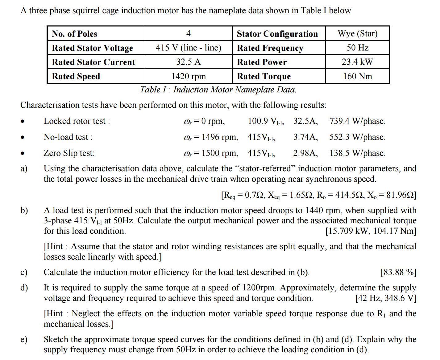 Solved A three phase squirrel cage induction motor has the | Chegg.com