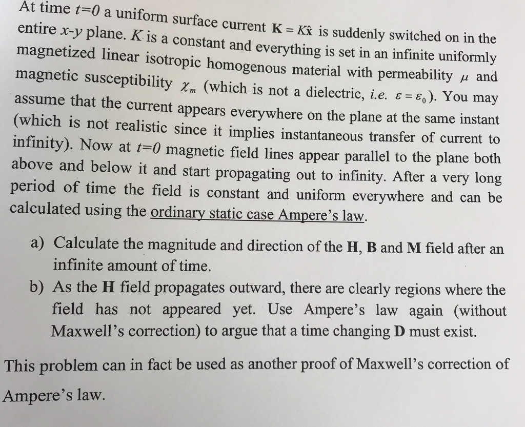 Solved At time t=0 a uniform surface current K = Kj is | Chegg.com