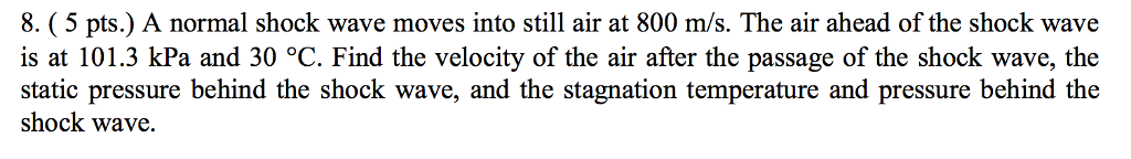 Solved 8. (5 pts.) A normal shock wave moves into still air | Chegg.com