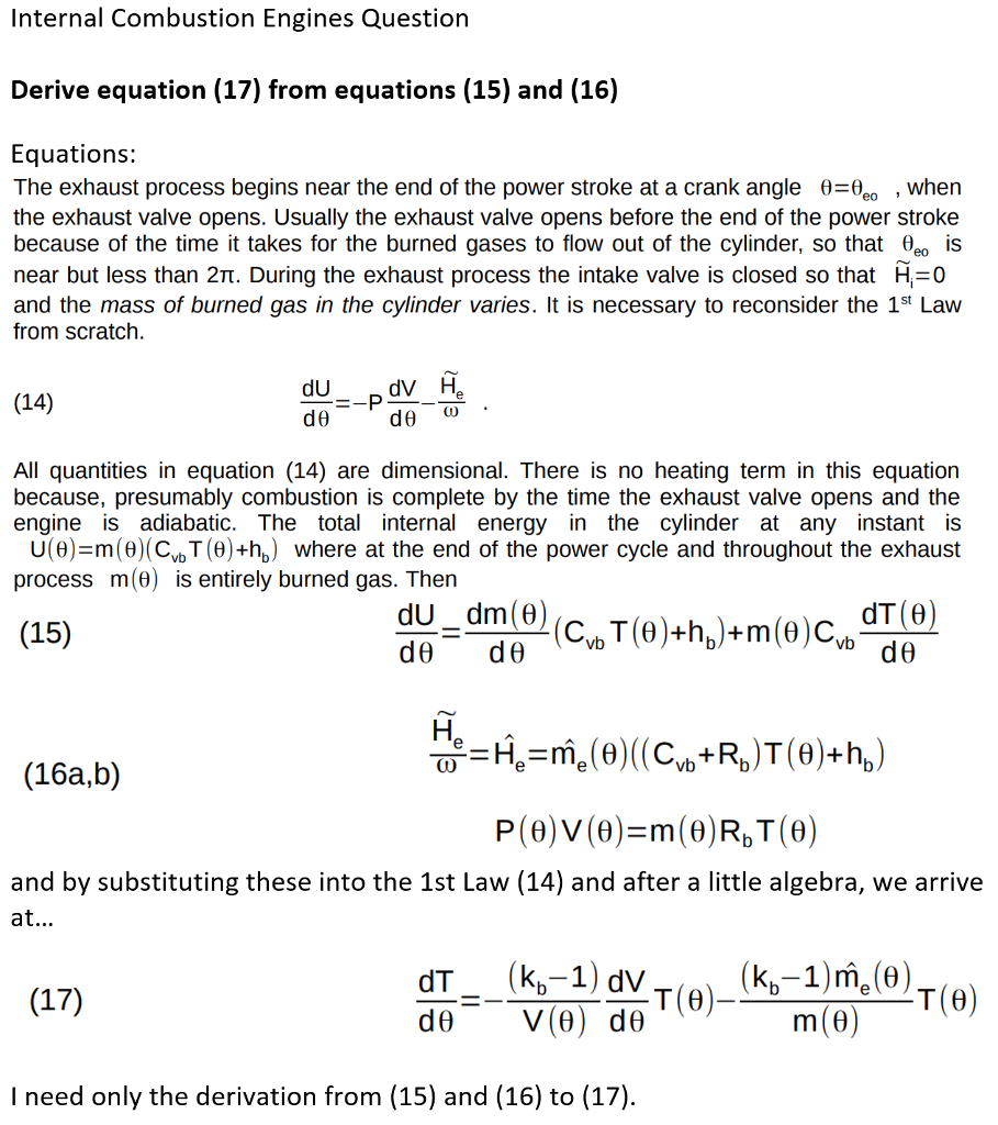Internal Combustion Engines Question Derive equation | Chegg.com