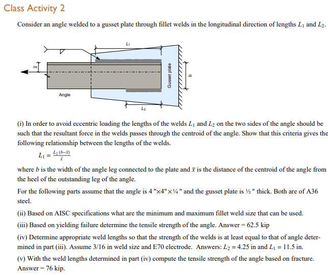 Solved Class Activity 2 Consider an angle welded to a gusset | Chegg.com