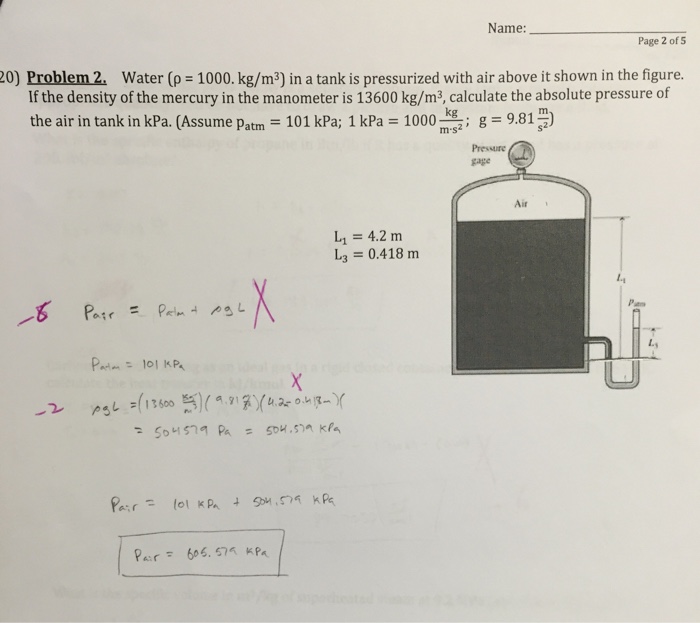 Solved Water (rho = 1000. kg/m^3) in a tank is pressurized | Chegg.com