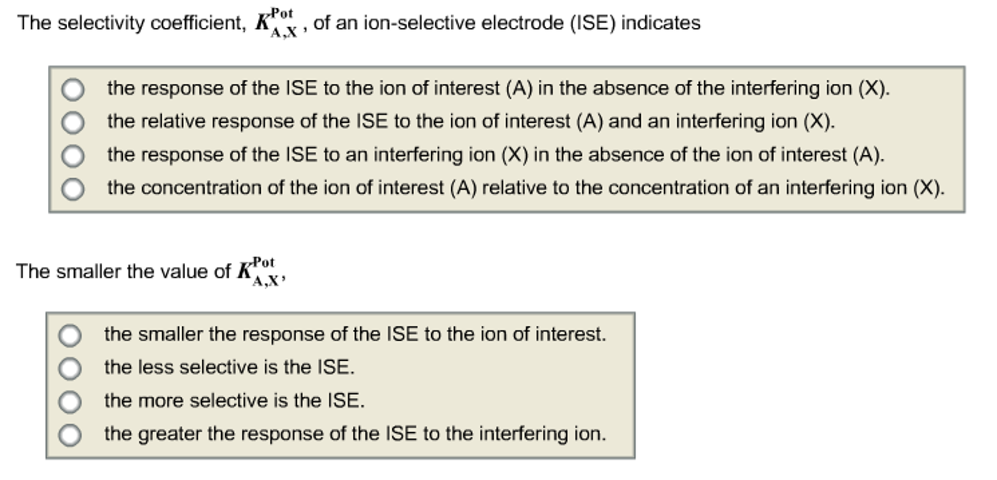 Solved The Selectivity Coefficient K Pot A X Of An