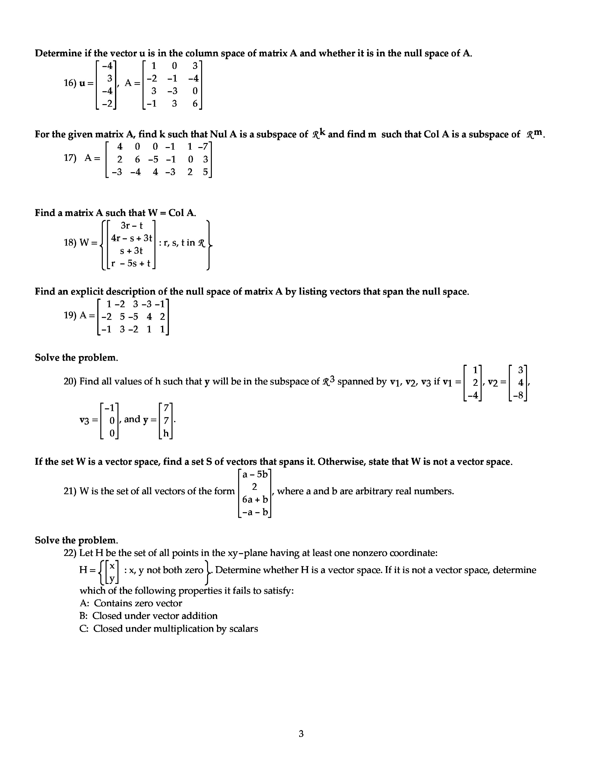 Determine if the vector u is in the column space of | Chegg.com