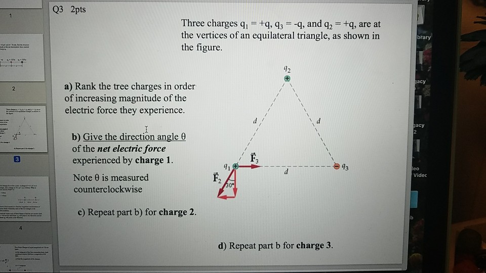 Solved Q3 2pts Three charges q| = +q, q,--q, and q,-+q, are | Chegg.com