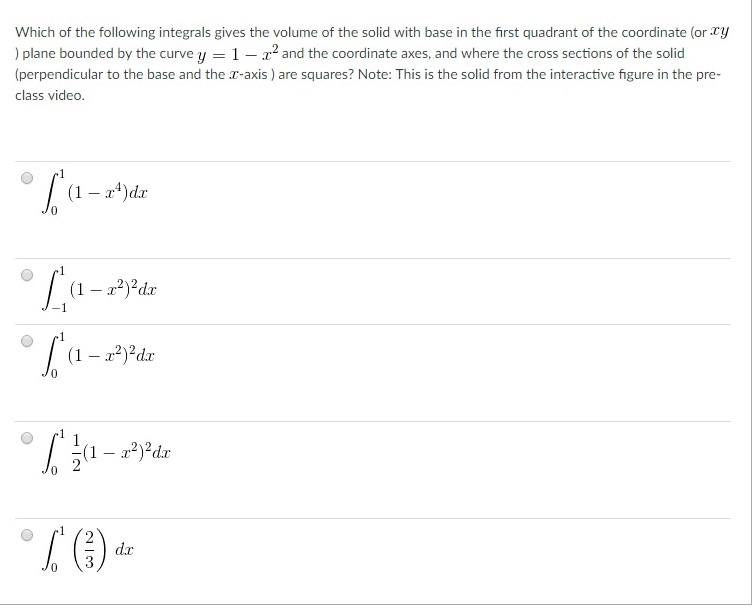 Solved Which of the following integrals gives the volume of | Chegg.com