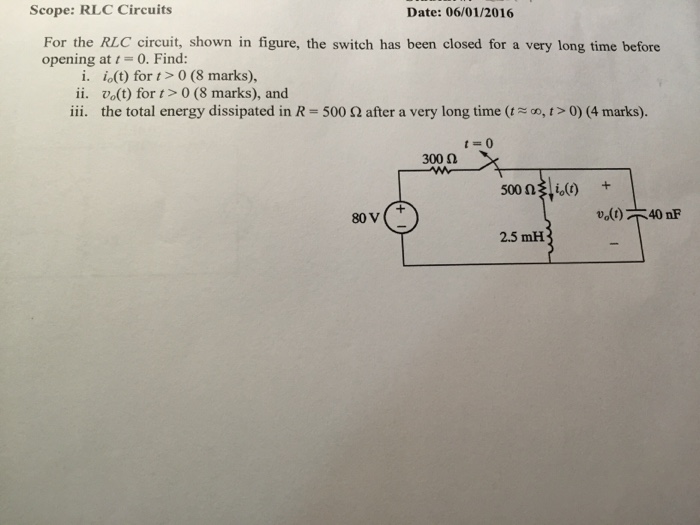 Solved For the RLC circuit, shown in figure, the switch has | Chegg.com