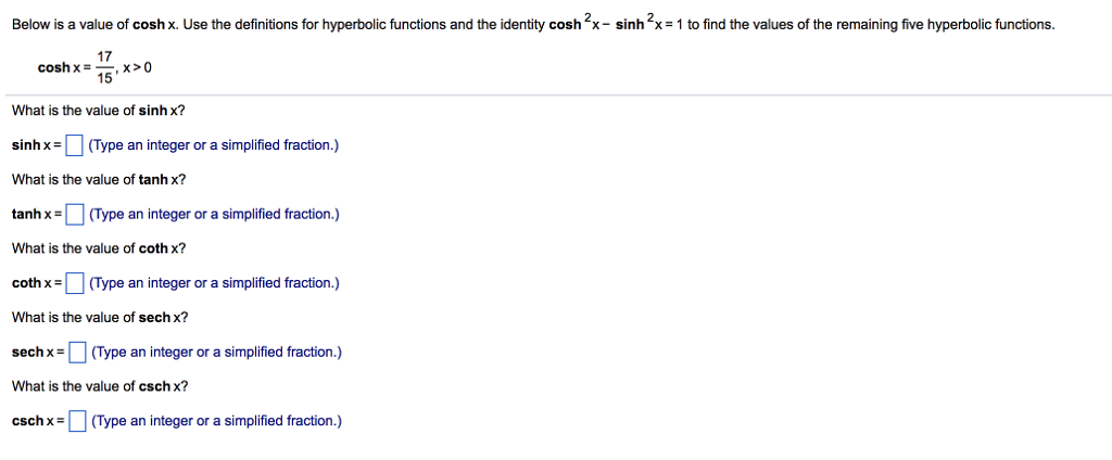 Solved Below is a value of cosh x. Use the definitions for | Chegg.com