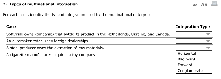 Solved 2. Types of multinational integration Aa Aa For each | Chegg.com