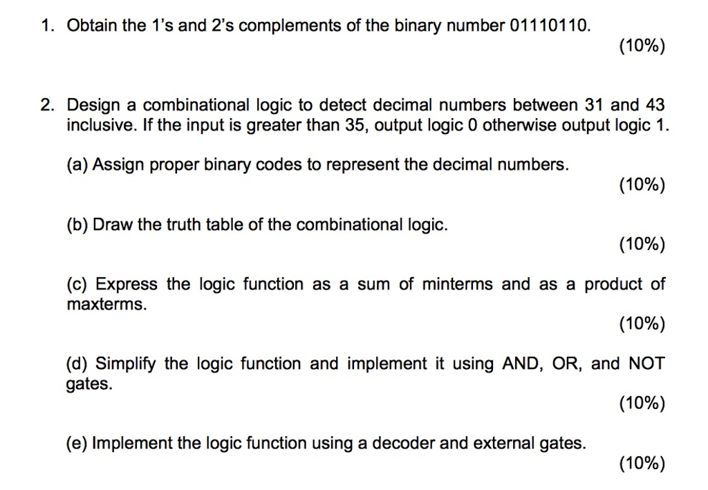 Solved Obtain the 1's and 2's complements of the binary | Chegg.com