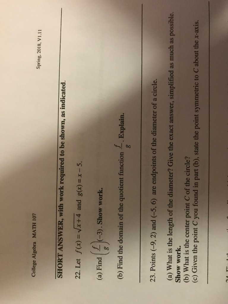 Solved College Algebra MATH 107 Spring, 2018, v1.11 SHORT | Chegg.com