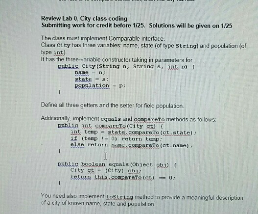 Solved Review Lab 0, City class coding Submitting work for | Chegg.com
