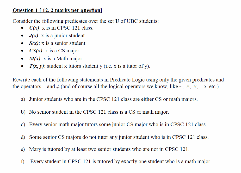 Solved Marks Per Questionl Consider The Following Predicates Over The Set 1 Answer