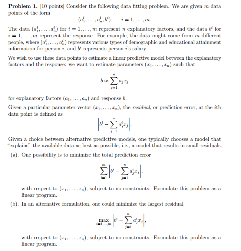 Problem 1. [10 points] Consider the following data | Chegg.com