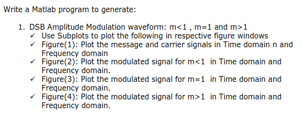 Solved Write a Matlab program to generate: DSB Amplitude | Chegg.com