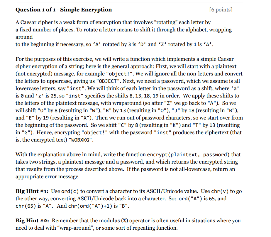 Solved Question 1 of 1 - Simple Encryption [6 points] A | Chegg.com