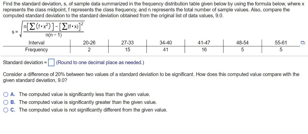 Solved Find the standard deviation, s, of sample data | Chegg.com