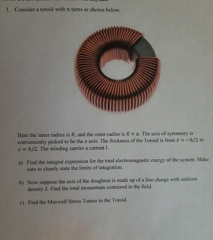 Solved 1. Consider a toroid with n turns as shown below. | Chegg.com
