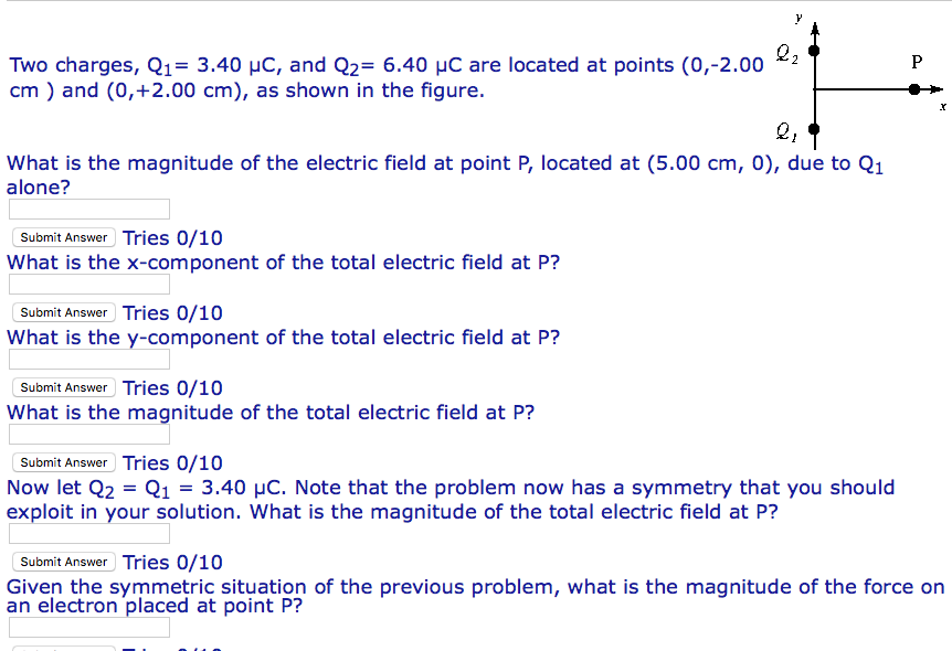 Solved 2 Two charges, Q1 3.40 μC, and Q2= 6.40 are located | Chegg.com