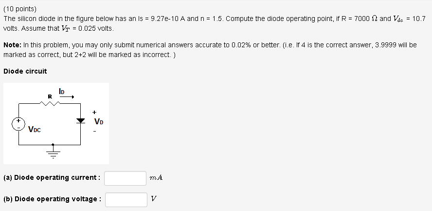 Solved (10 points) The silicon diode in the figure below has | Chegg.com