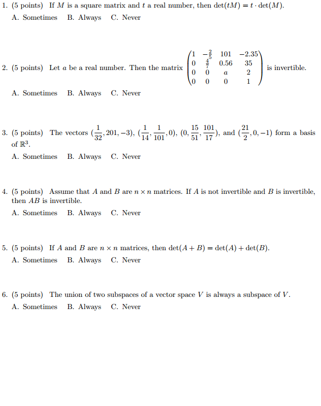 Solved If M is a square matrix and t a real number, then | Chegg.com