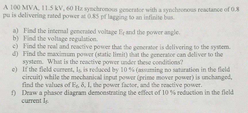 Solved A 100 MVA, 11.5 kV, 60 Hz synchronous generator with | Chegg.com