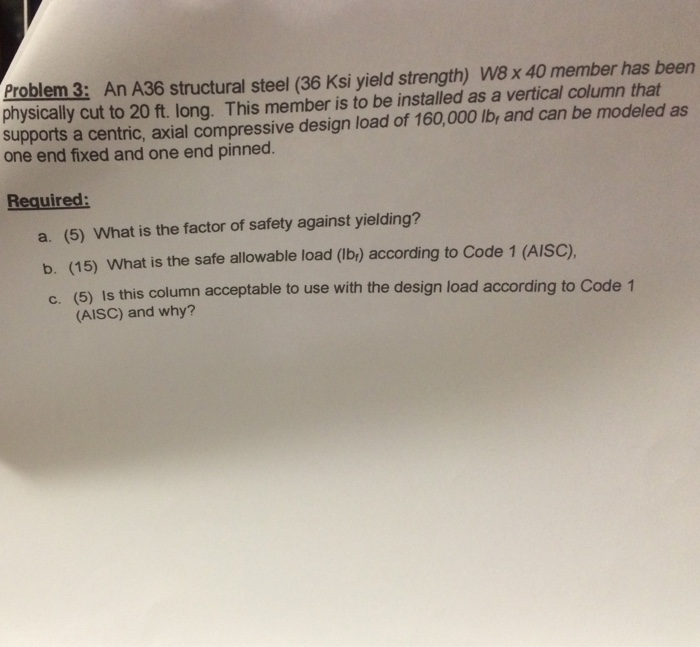 Solved An A36 structural steel (36 Ksi yield strength) W8 | Chegg.com