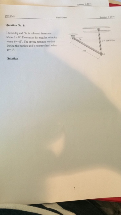 Solved The 60-kg rod OA is released from rest when theta = 0 | Chegg.com