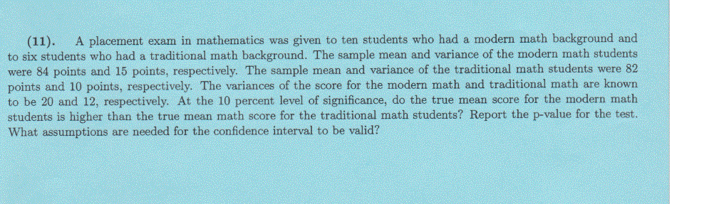 Solved A placement exam in mathematics was given to ten | Chegg.com