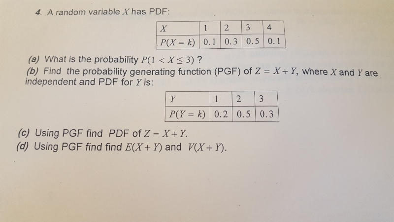 Solved 4. A random variable Xhas PDF: X 1 2 3 4 P(X = k) 0.1 | Chegg.com