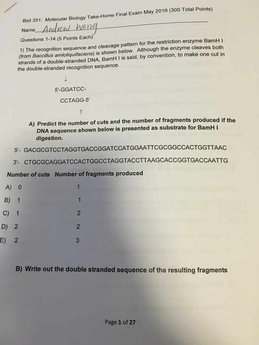 Solved The recognition sequence and cleavage pattern for the | Chegg.com